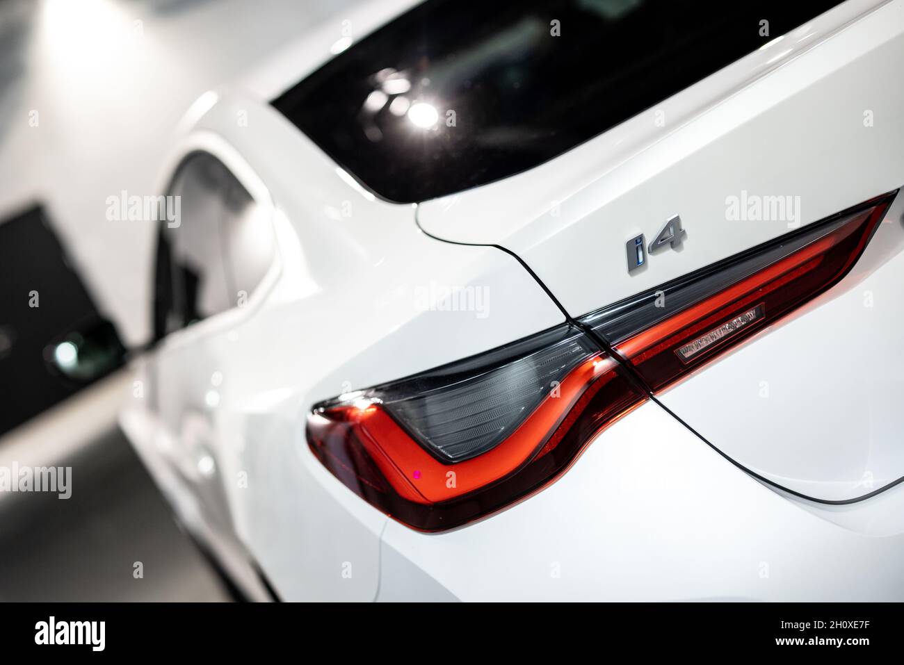 Garching, Germany. 29th Sep, 2021. The "i4" logo is seen on the rear of ...