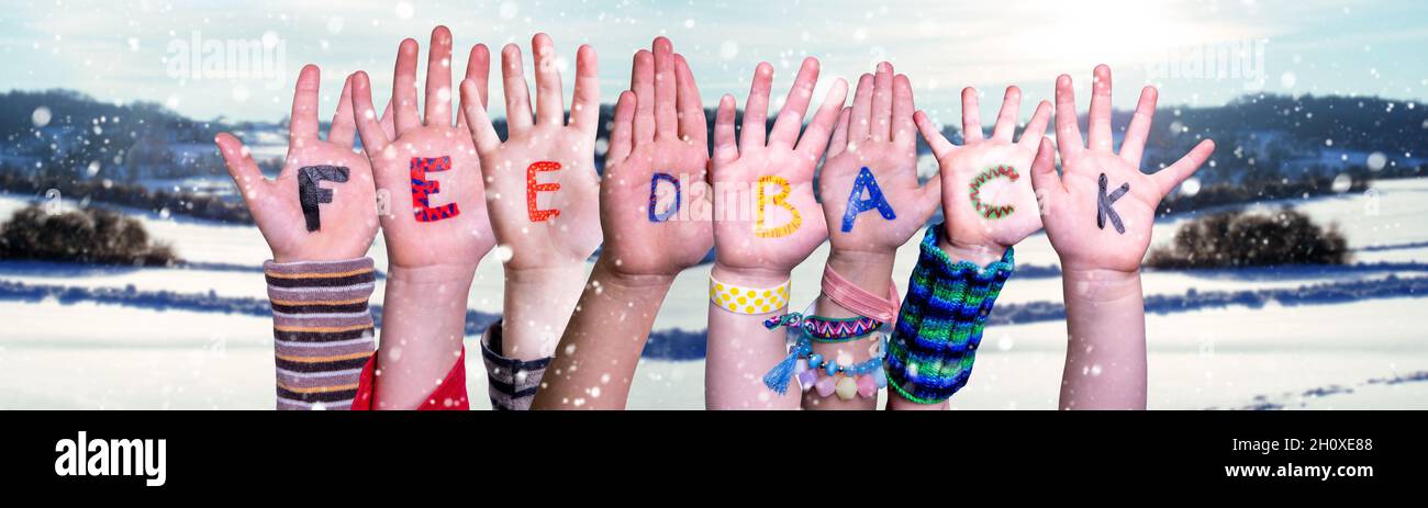 Children Hands Building Word Feedback, Snowy Winter Background Stock ...
