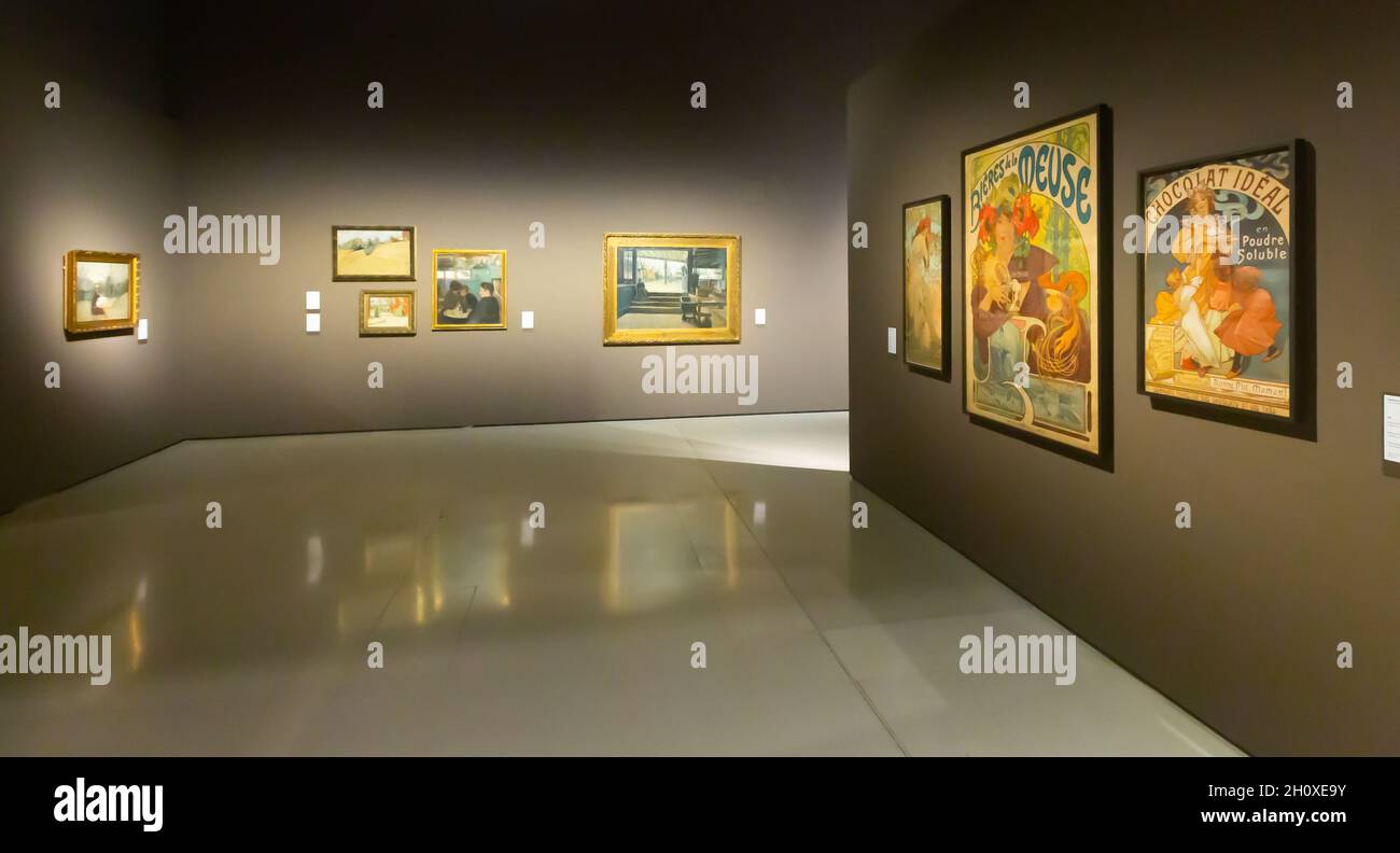 Empty hall of National Art Museum of Catalonia with collection of ...