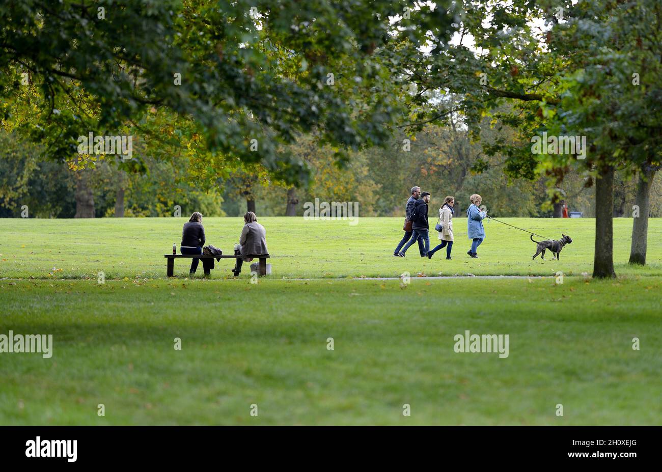London, England, UK. Regent's Park: two women talking on a bench ...