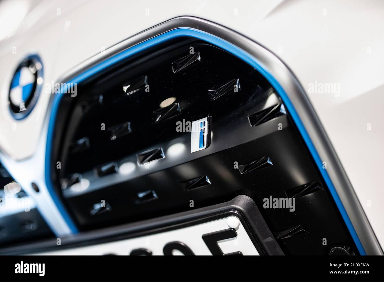 Garching, Germany. 29th Sep, 2021. The logo of BMW's "i" sub-brand is ...