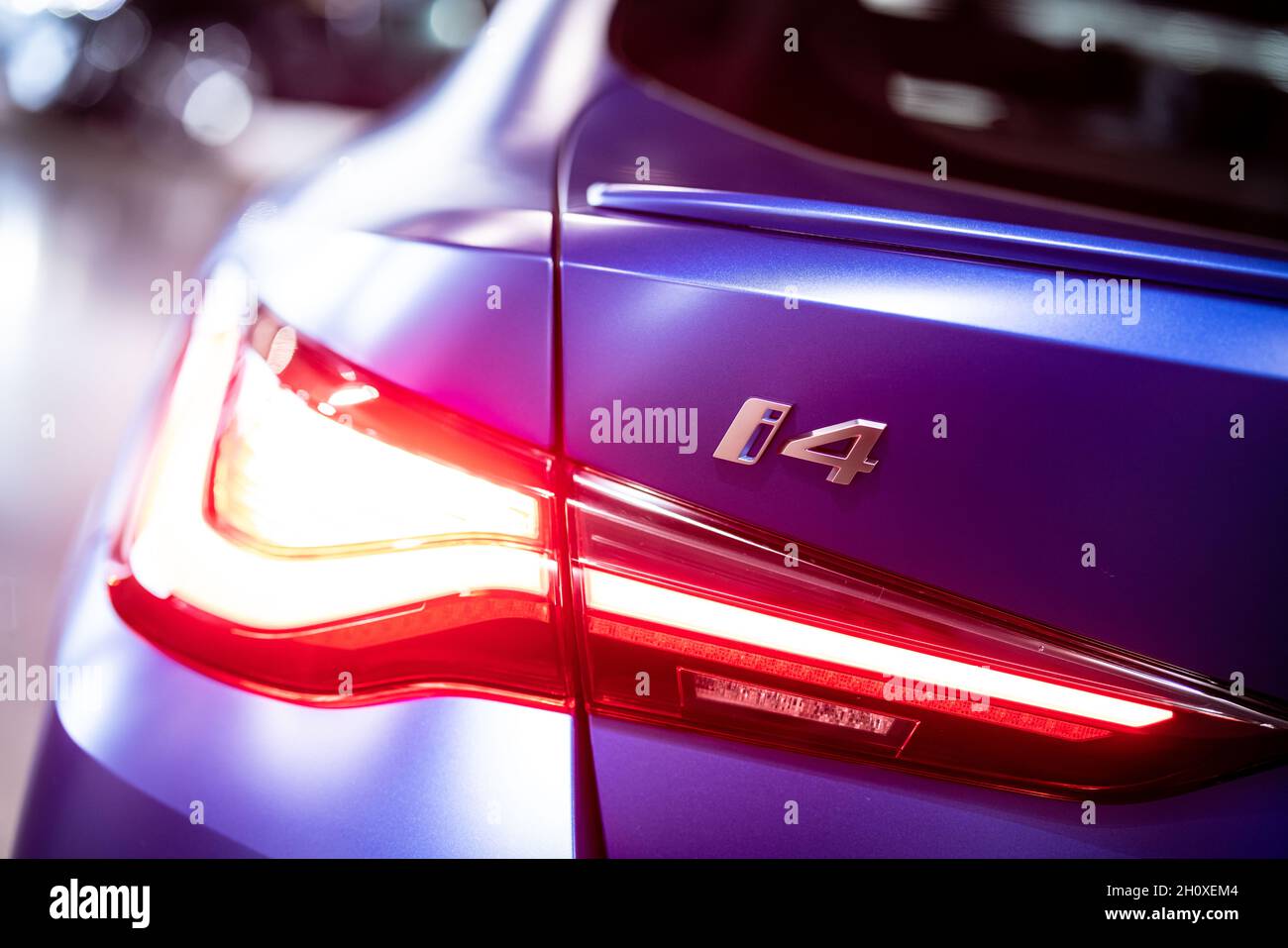 Garching, Germany. 29th Sep, 2021. The "i4" logo is seen on the rear of ...