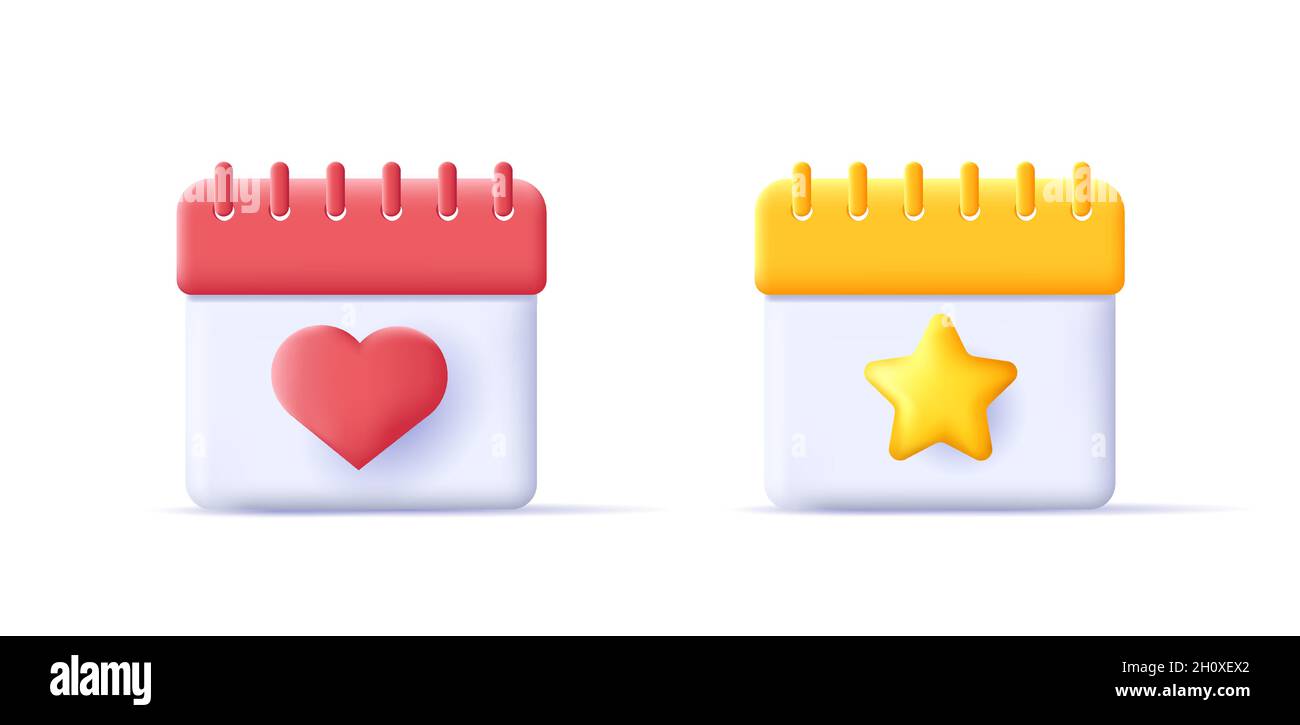 3d calendar icons with heart and star shapes in red and yellow colors ...