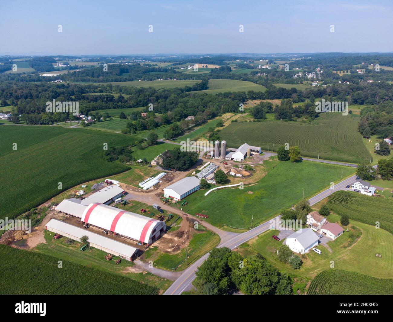 An Aerial View of Farm and Fields on a summer day Stock Photo - Alamy