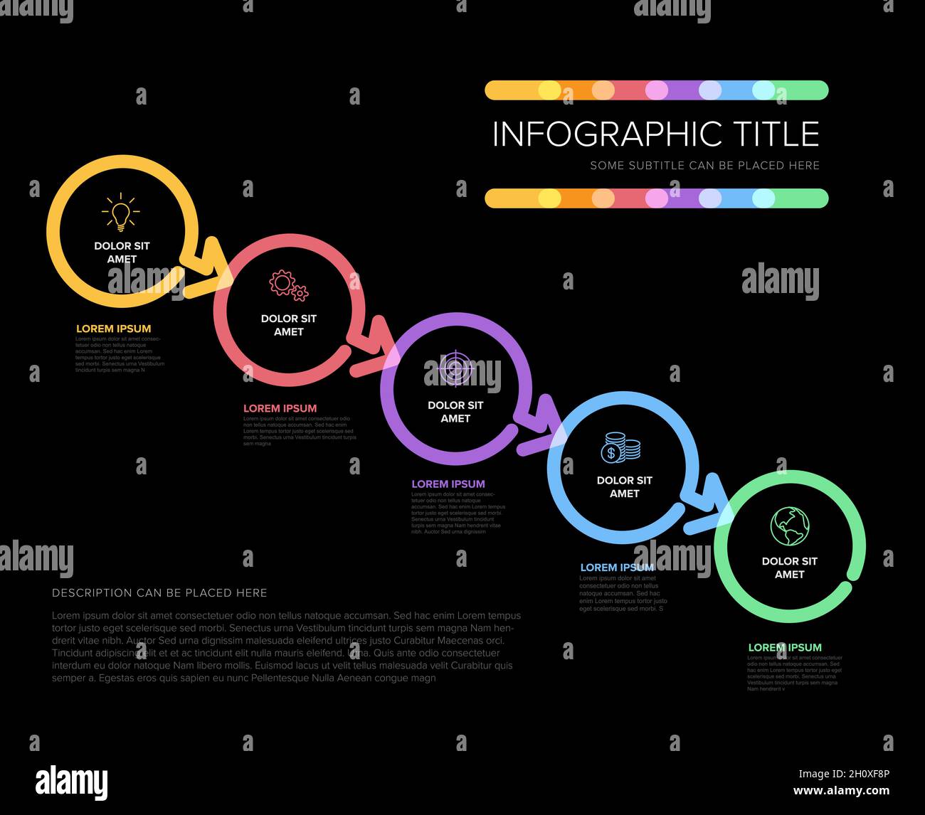 Vector dark process progress template diagram schema with five diagonal ...