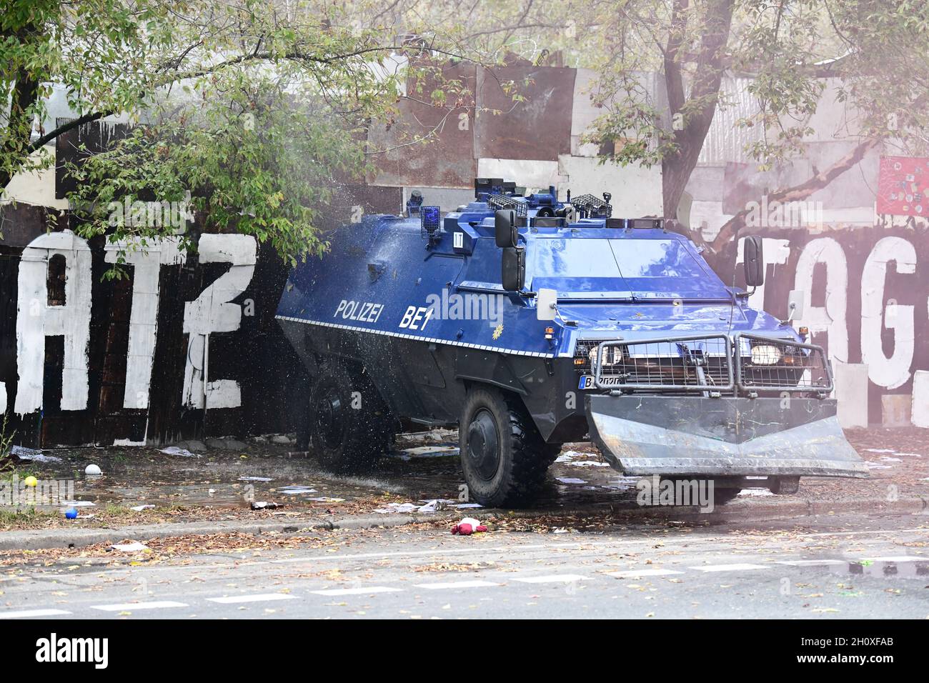 Berlin, Germany. 15th Oct, 2021. A police evacuation vehicle stands at ...