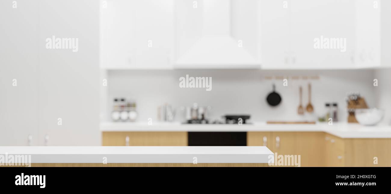 Modern white kitchen tabletop with space for montage product display on ...