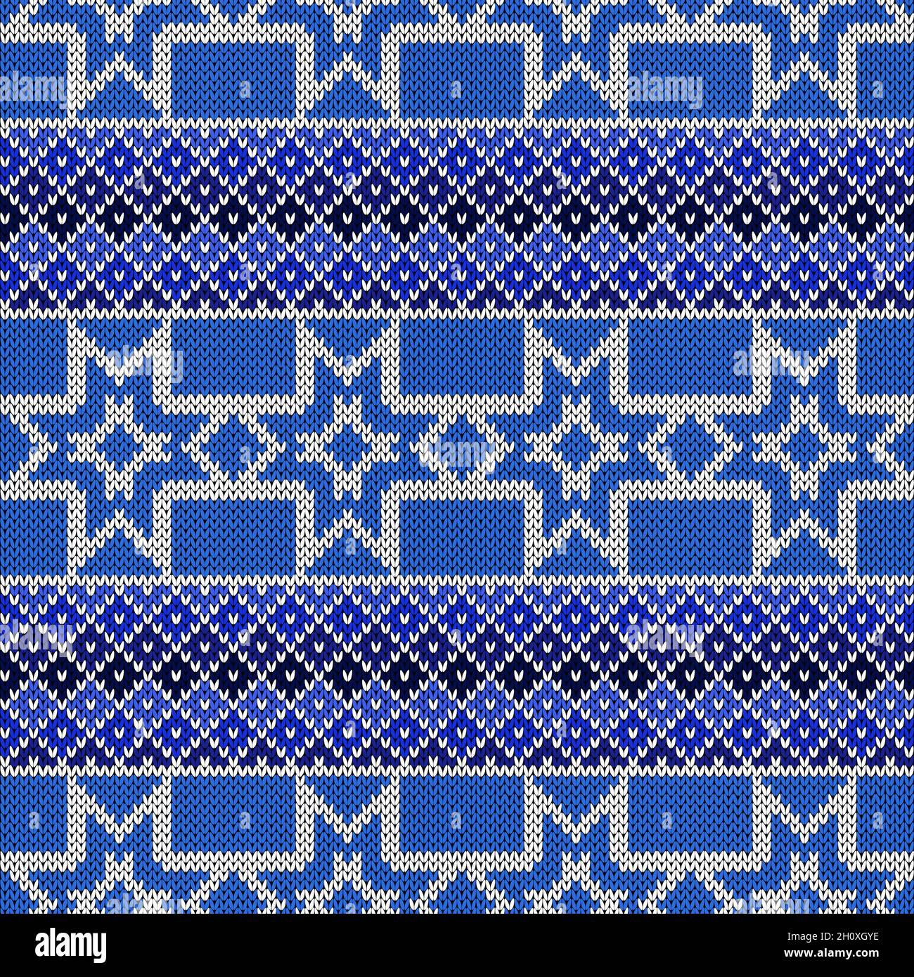 Seamless knitting contrast ornate in blue and white colors, vector ...