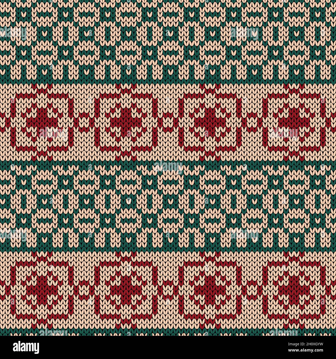 Ornamental knitting seamless vector pattern in green, red and beige ...