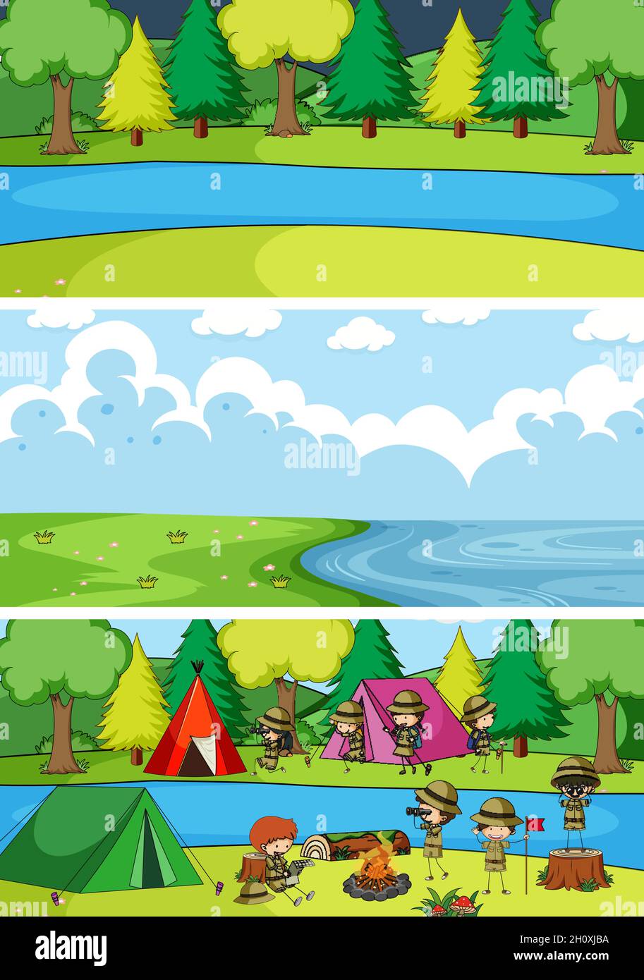 Set of different horizon scenes background with doodle kids cartoon ...