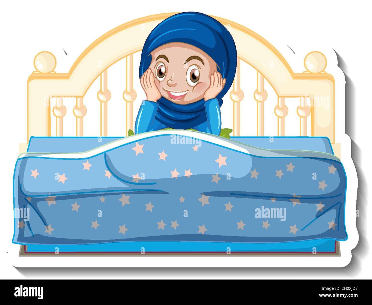 A sticker template with muslim girl sitting on the bed illustration ...