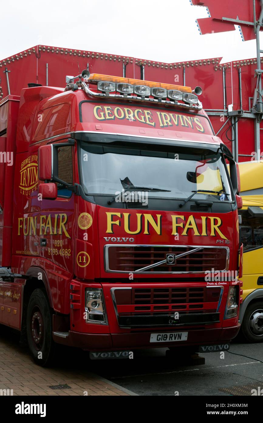 A Volvo funfair lorry at Banbury Michaelmas Mop Fair, Oxfordshire, UK ...
