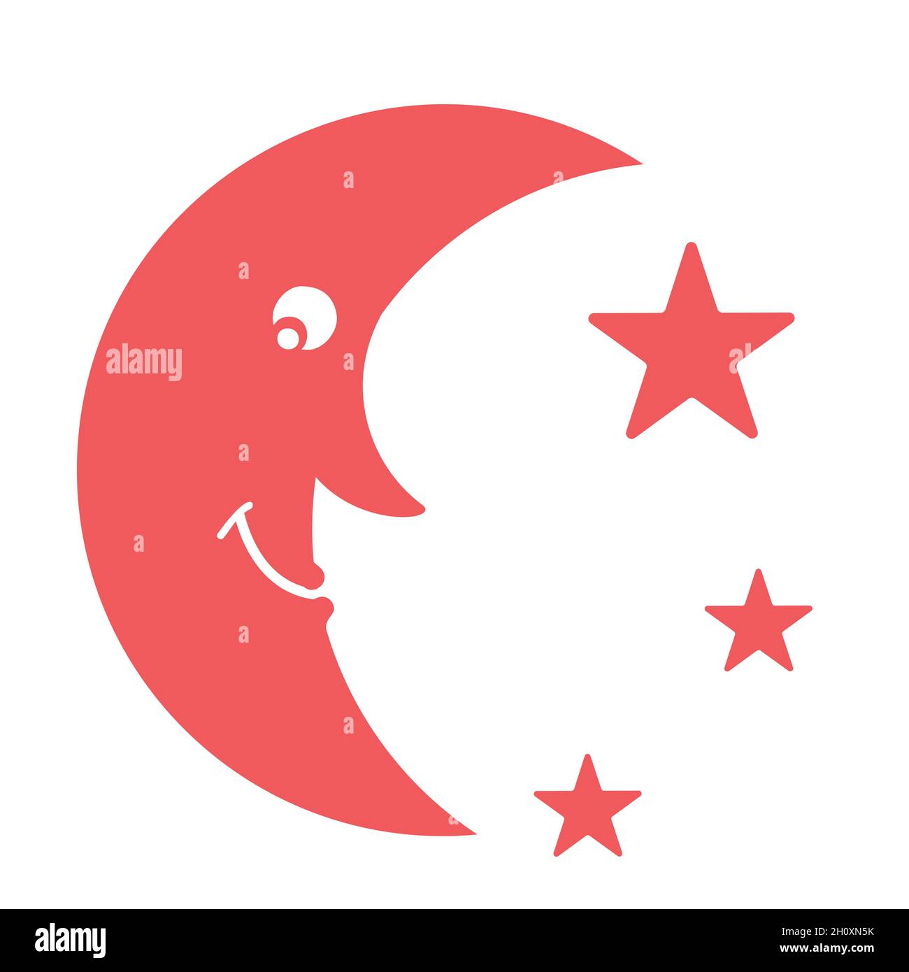 Moon with smile and stars in sky red flat icon. Vector illustration ...