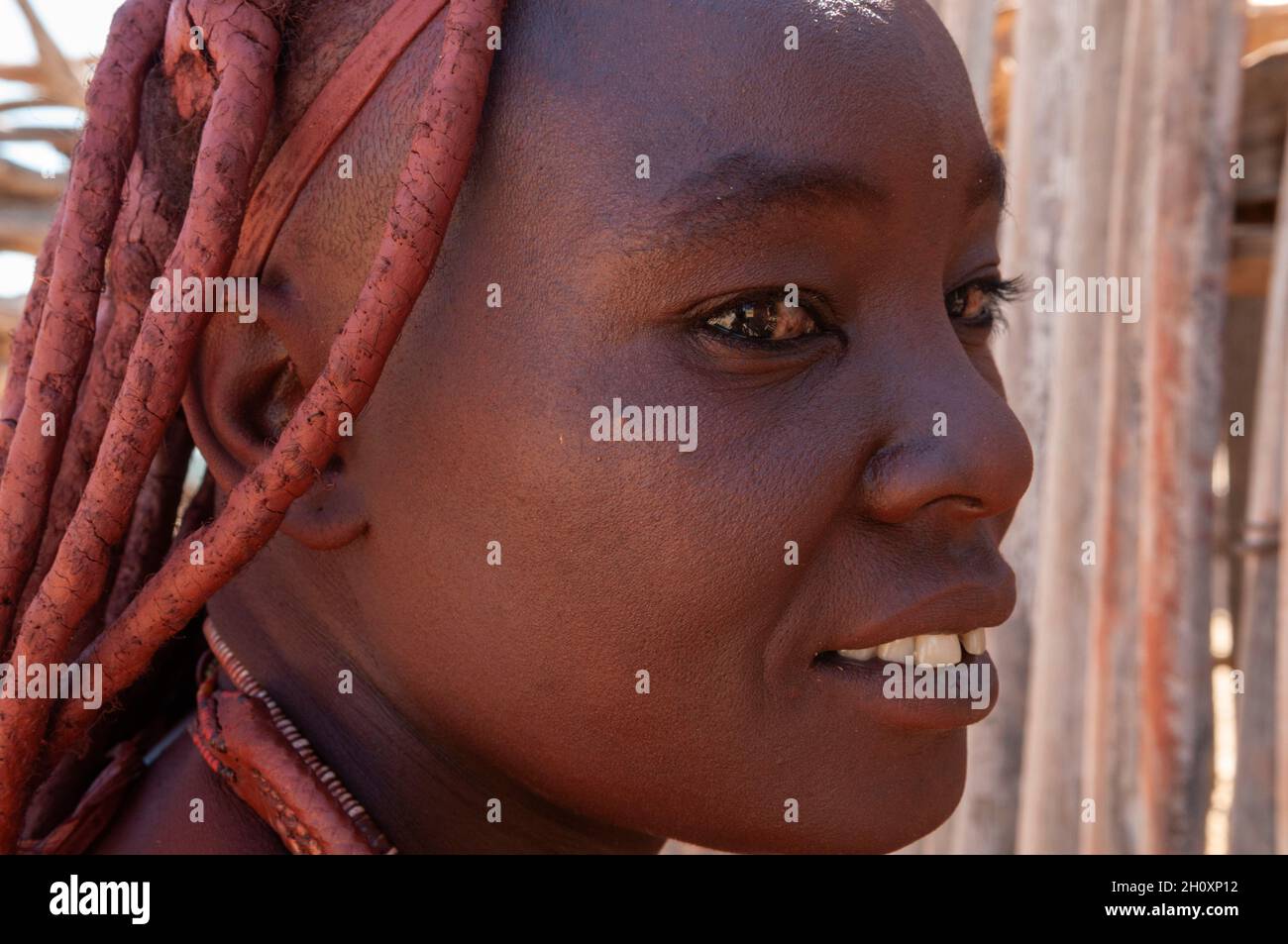 A portrait of a Himba woman whose hair and skin is tinged with ochre ...