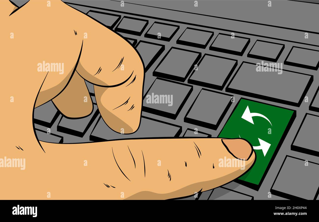 Update icon on computer keyboard. Man pushing keypad on laptop. Comic ...