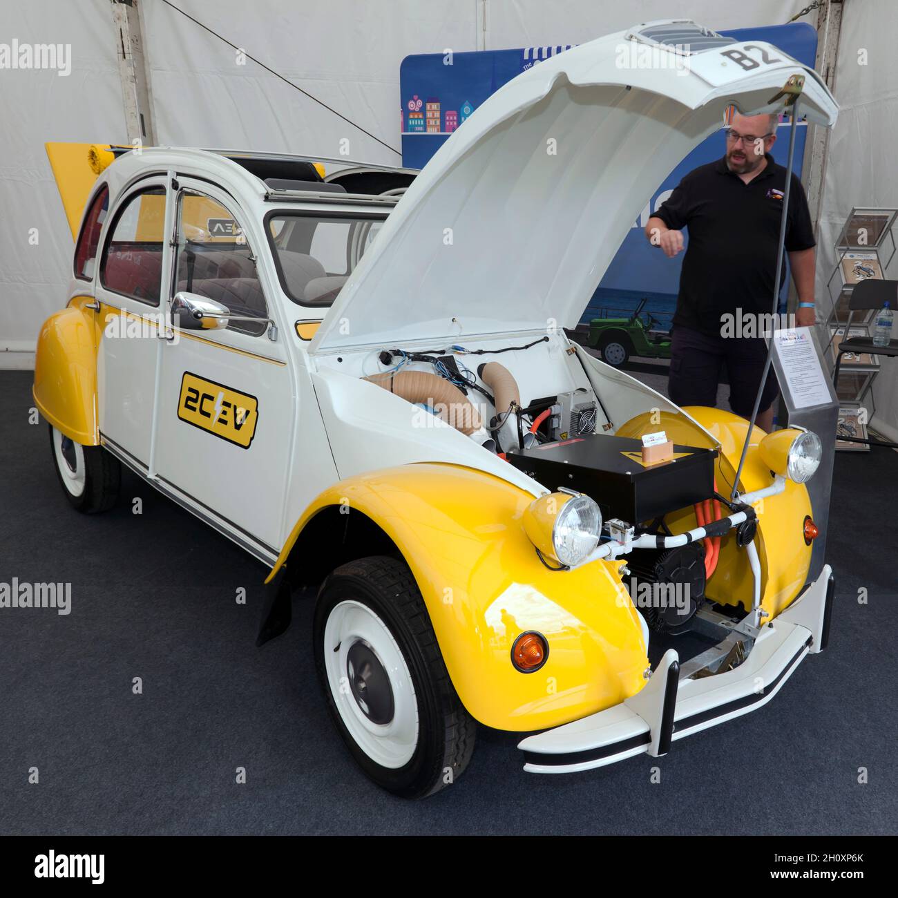 A fully electric Citroen 2CV, on display at the 2021 London Classic Car ...