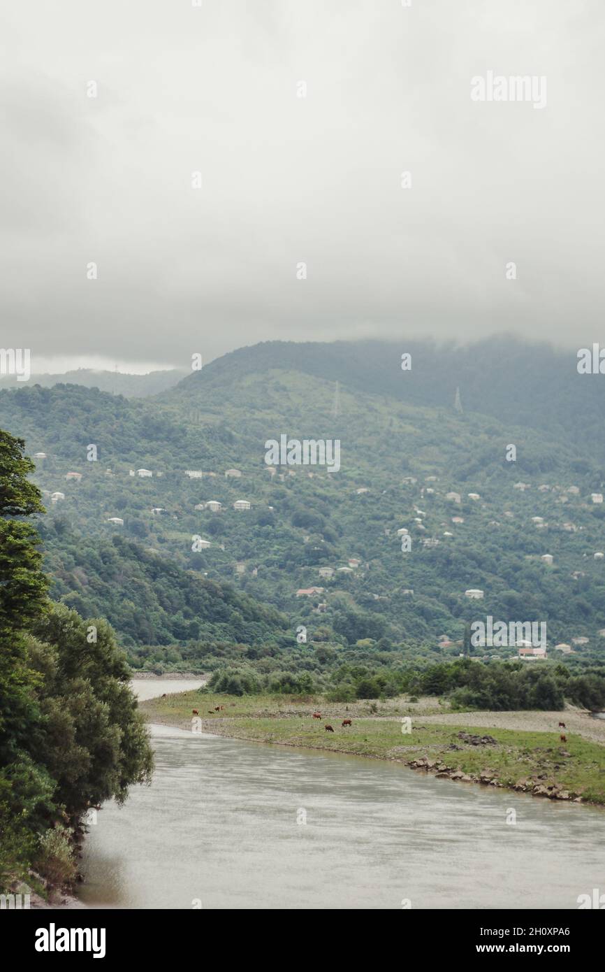 A wide river with a fast flow is overflowing with water on a cloudy day ...