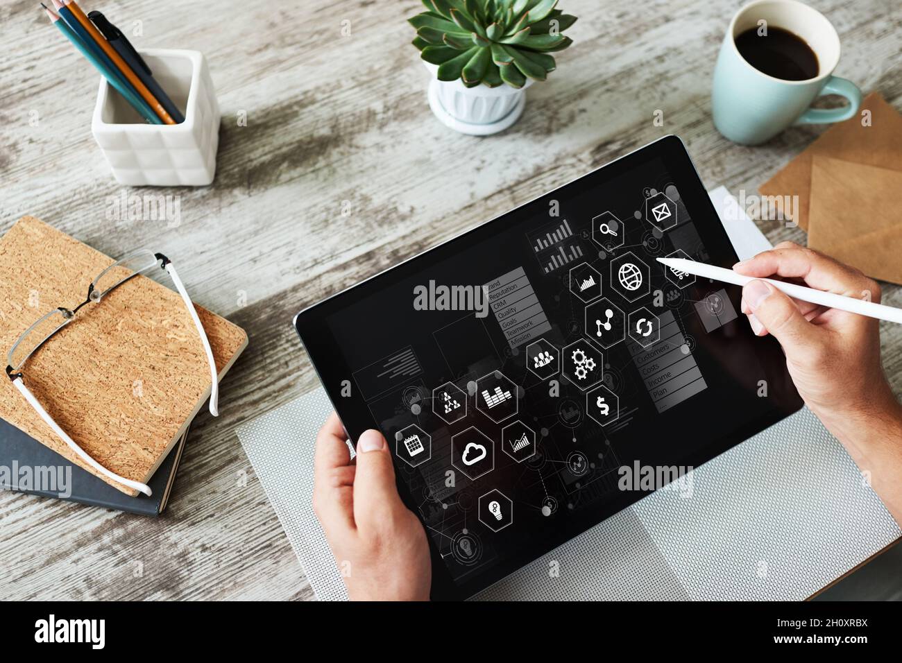 Business and technology concept. Virtual control panel on device screen ...