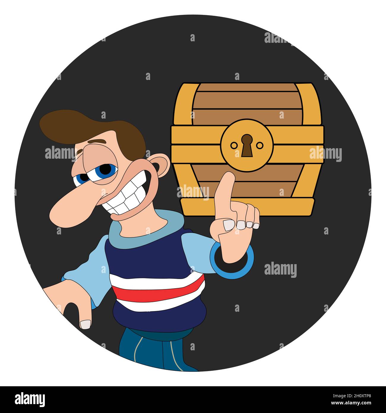 Man with a cheeky smile and big nose pointing at a wooden treasure ...