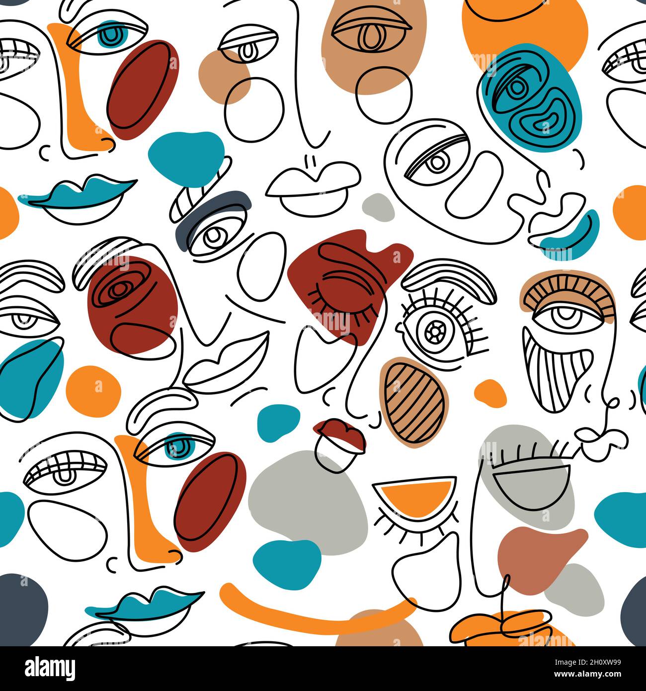 Seamless pattern face line art. surreal face painting with color shapes ...