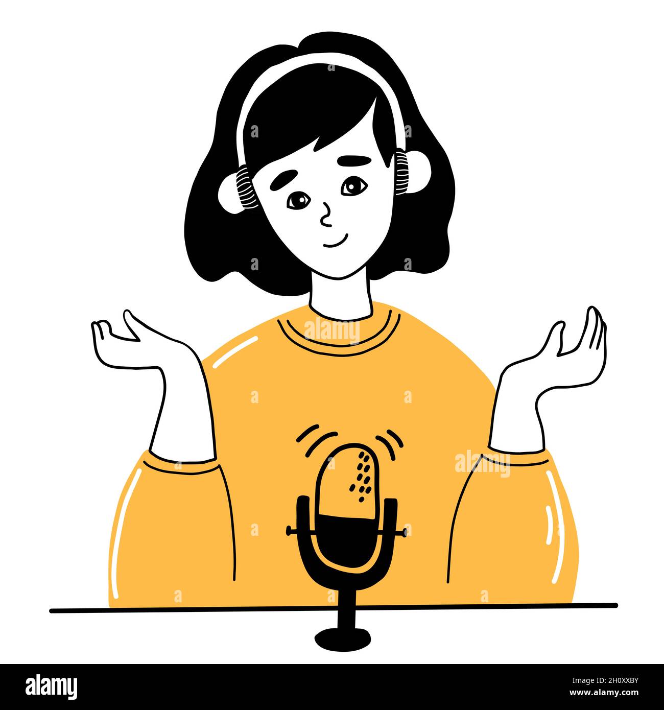 Podcast concept. Cute girl with haircut in headphones. podcaster speaks ...