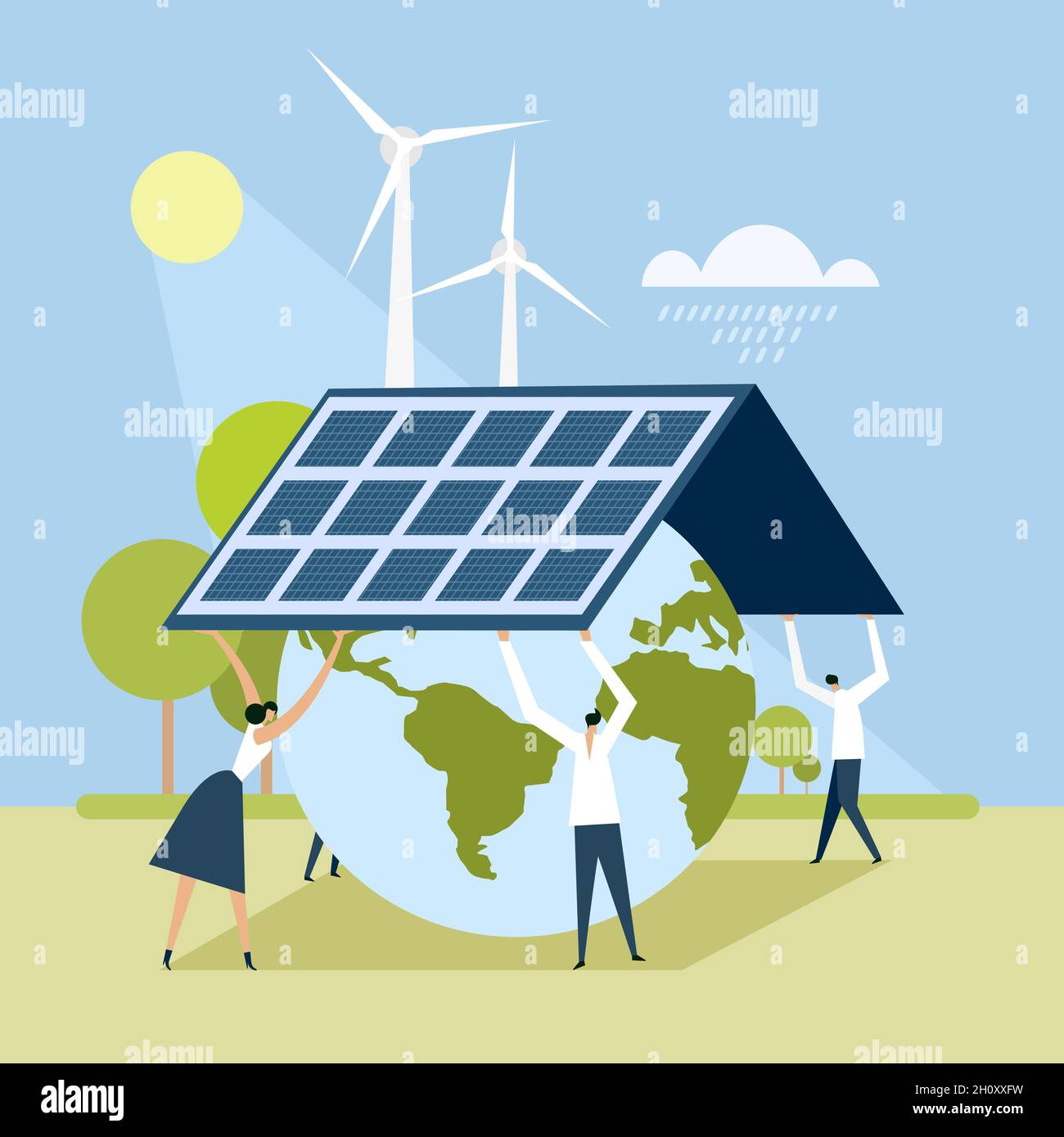 Conceptual illustration of people protecting the earth using renewable ...