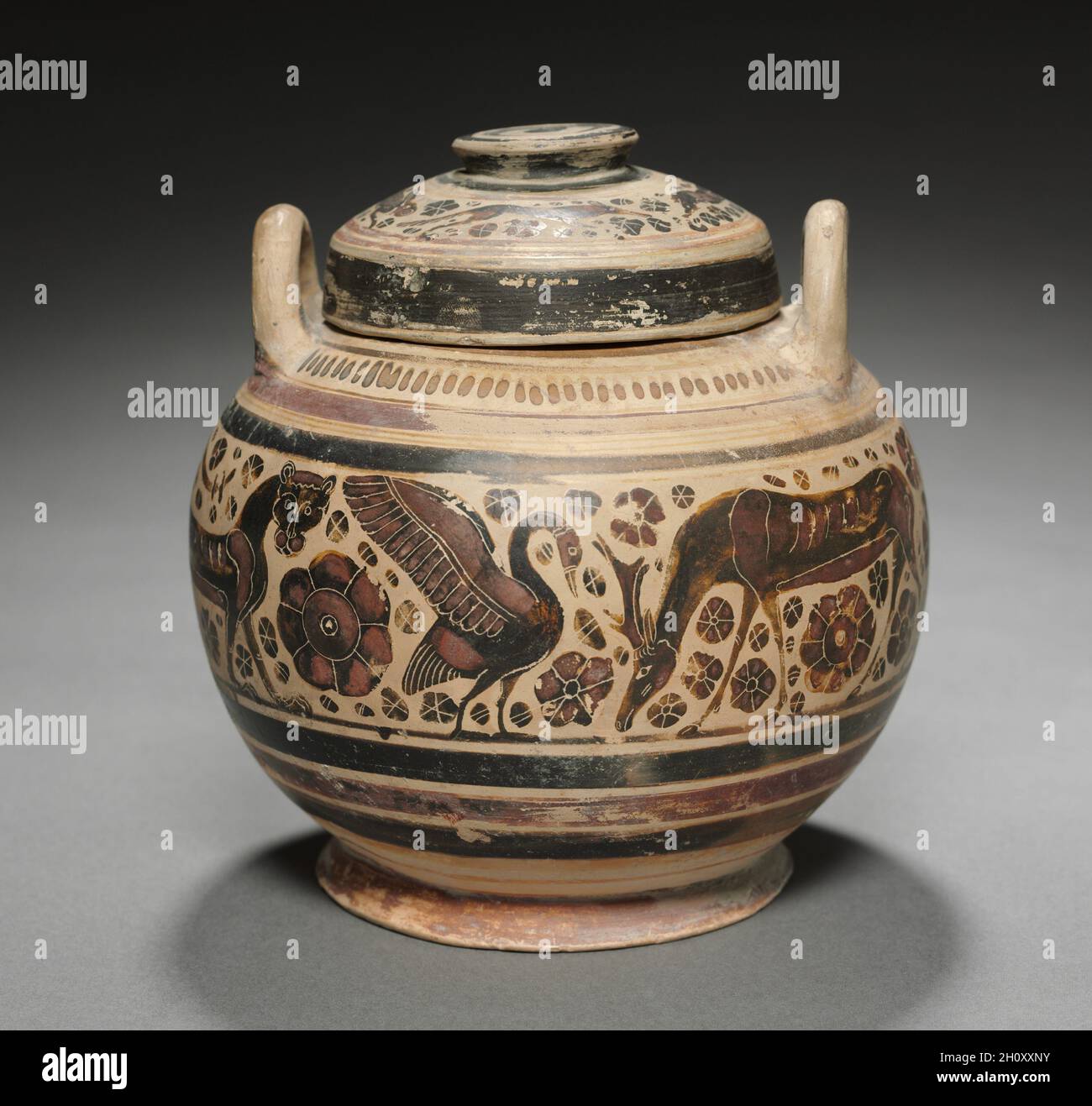 Black-Figure Pyxis (Cylindrical Lidded Box): Animals, 500s BC, with ...