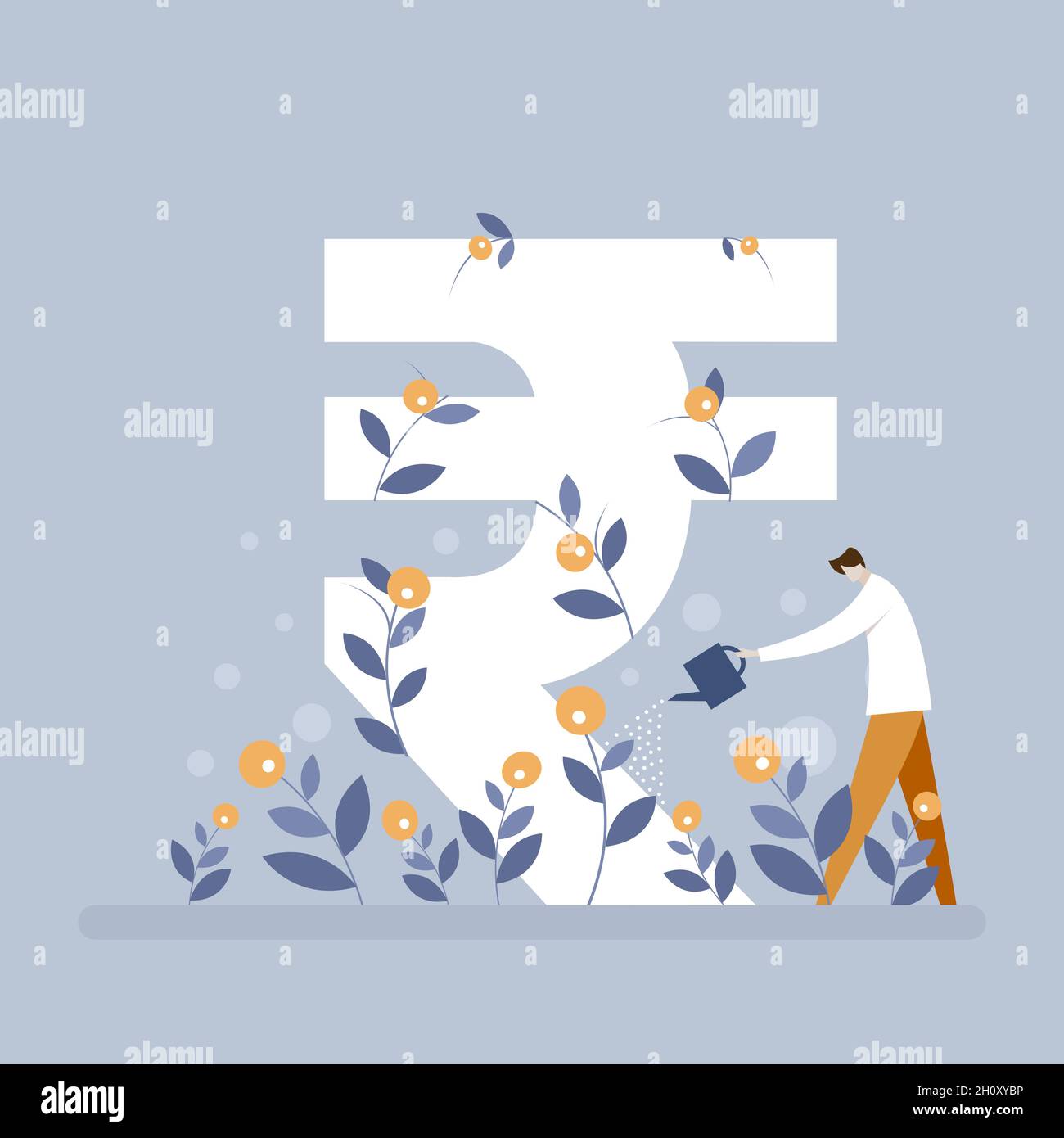 Conceptual illustration of a man watering the plants growing on a big ...