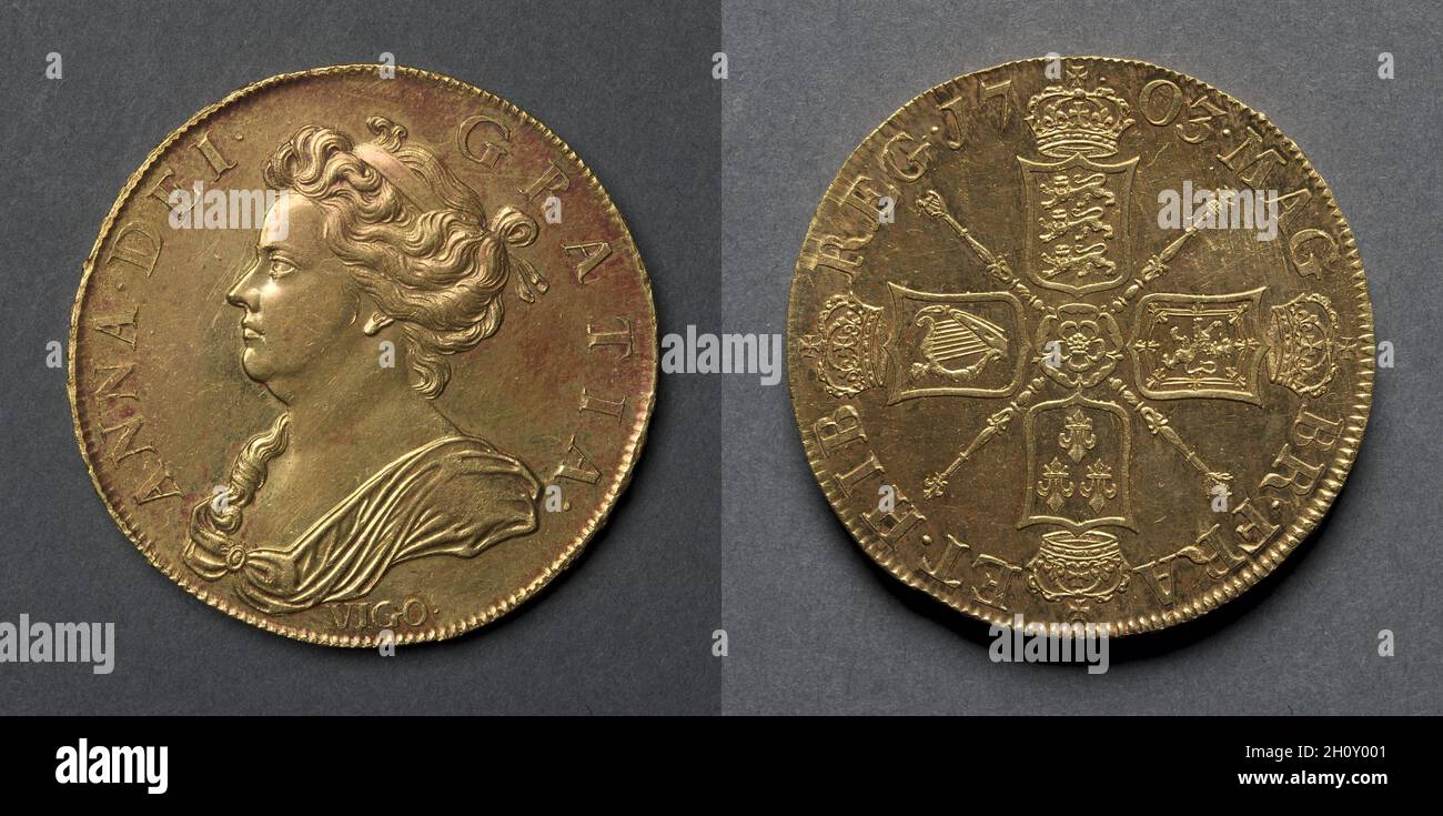 Five Guineas: Anne (obverse); Shields and rose (reverse), 1703. England ...