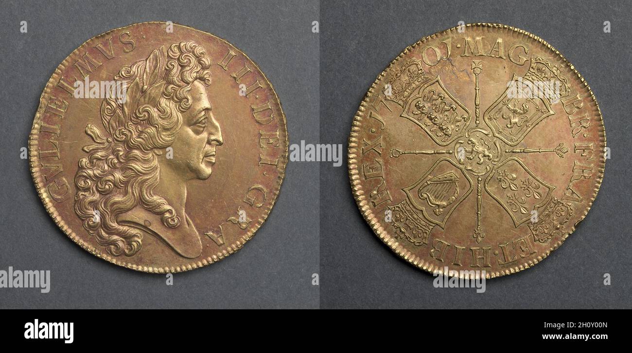 Five Guineas: William III (obverse); Four Shields and Lion of Nassau ...