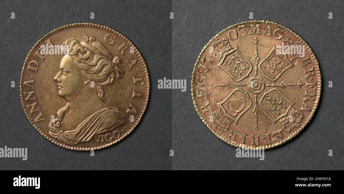 Guinea: Anne (obverse); Shields and rose (reverse), 1703. England, Anne ...