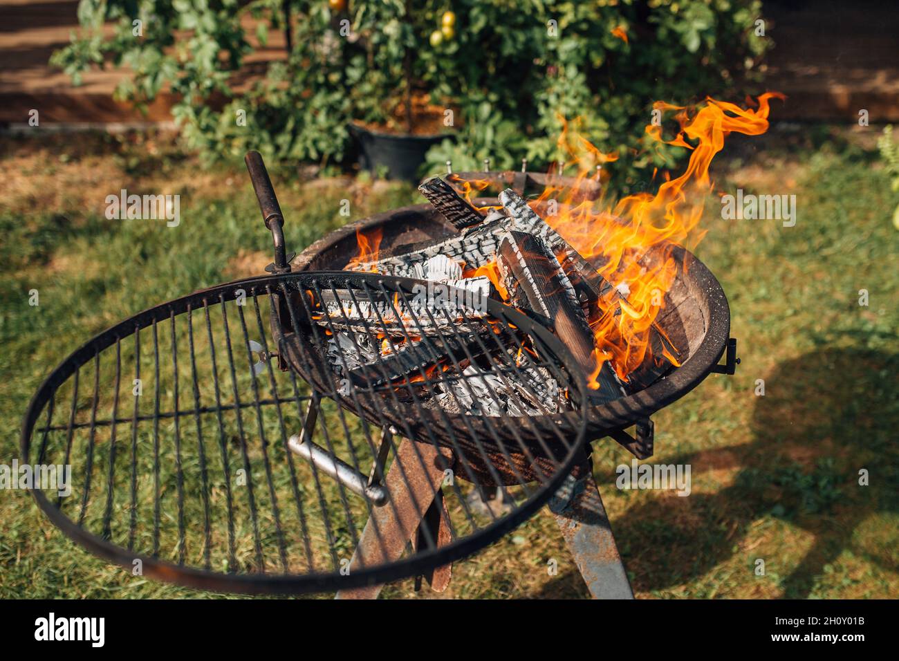 Round metal barbecue grate with fire from burning wood Stock Photo - Alamy