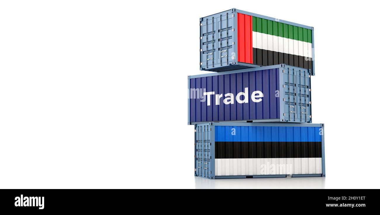 Shipping containers with United Arab Emirates and Estonia flag. 3D ...