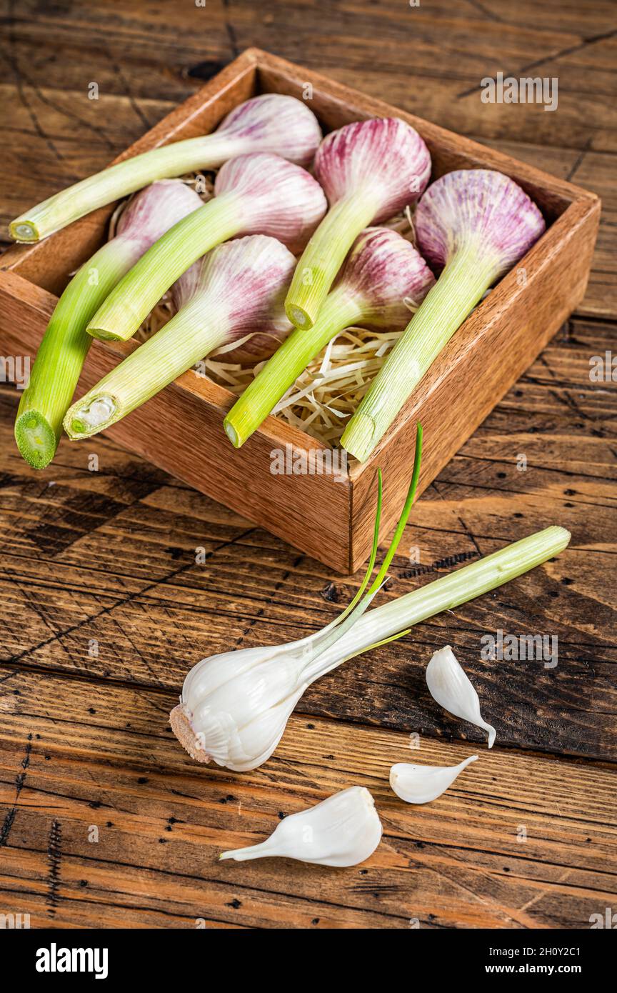 Young Spring garlic bulbs and cloves in wooden box. Wooden background ...