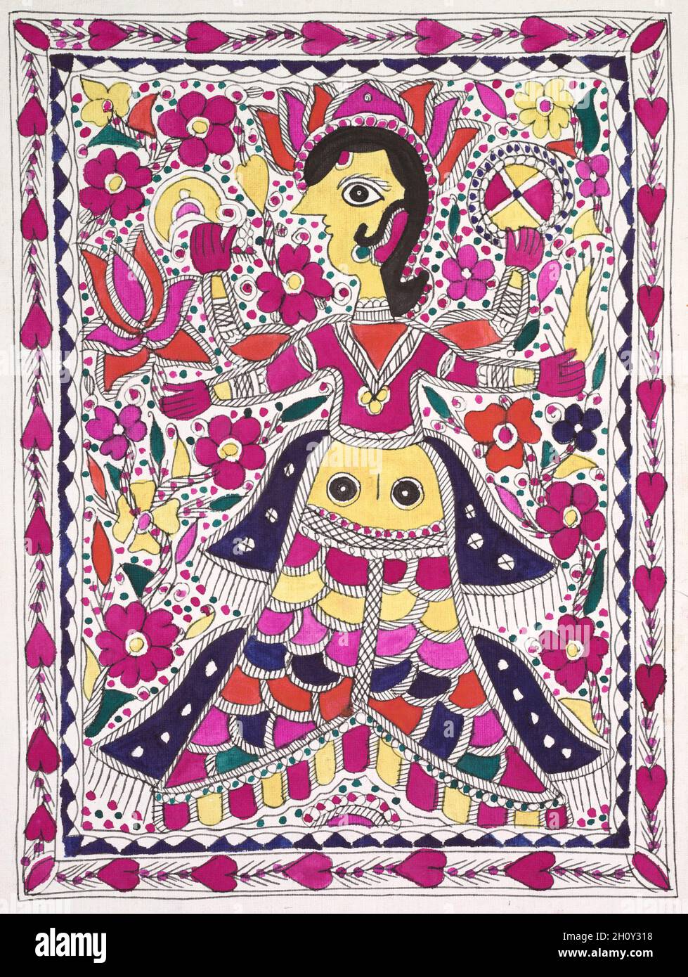 Large, multi-armed figure with hearts in margin, 1900s. Eastern India ...