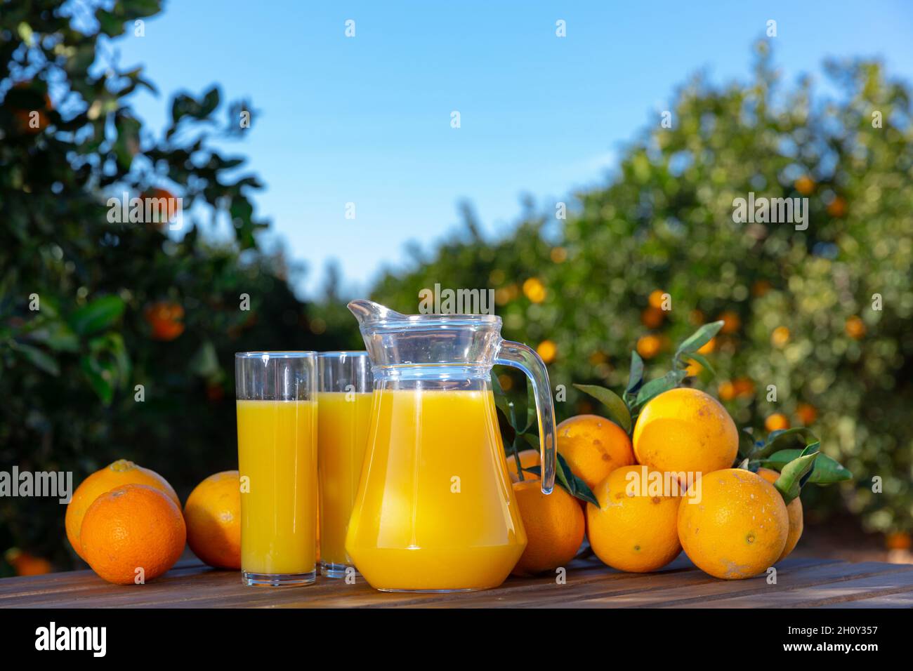 Glass jug and glasses with fresh orange juice on wooden table with ...