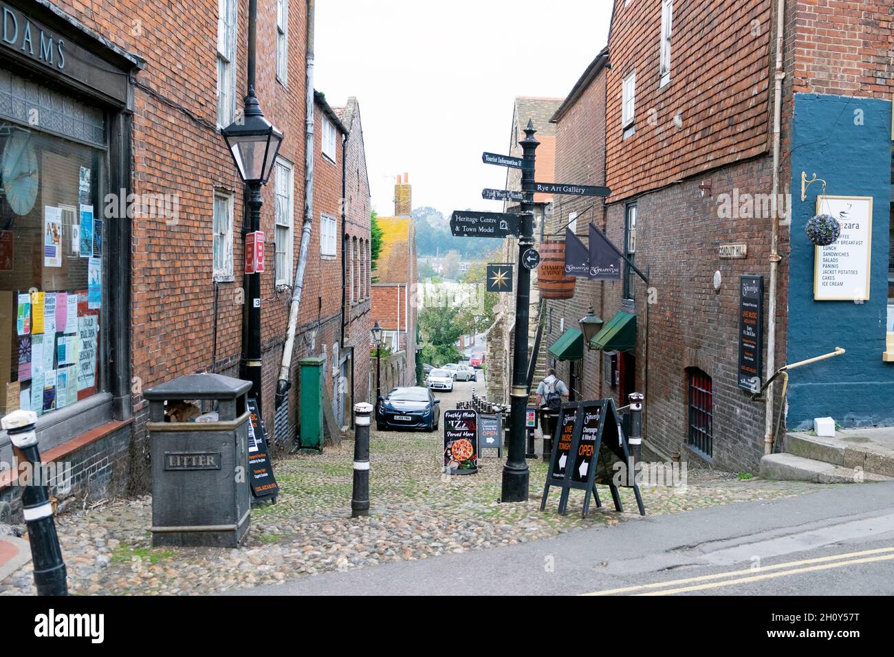 View of street signs on Conduit Hill in the town of Rye East Sussex ...