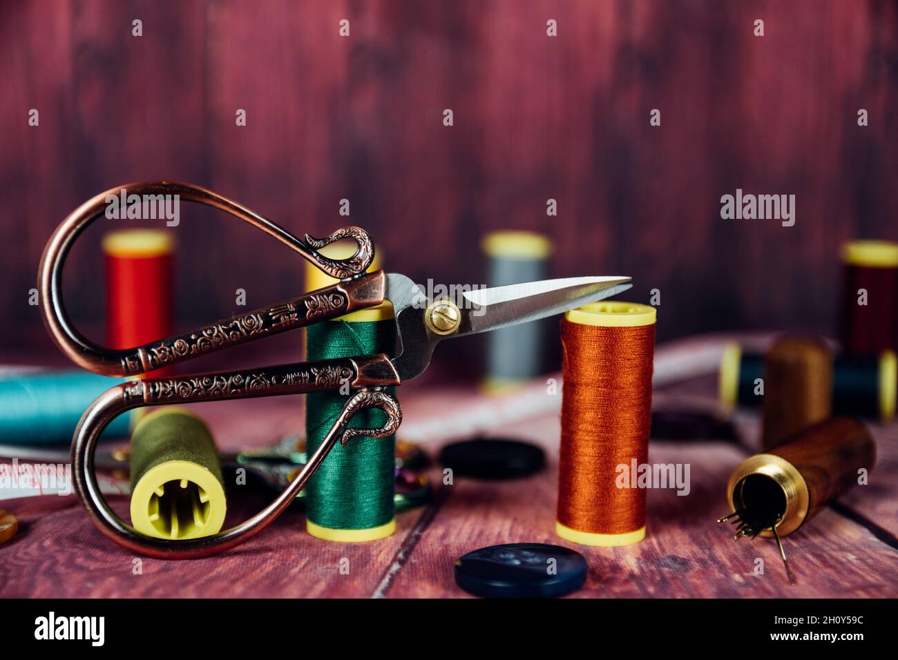 Front view of vintage sewing scissors with spools of colored threads ...