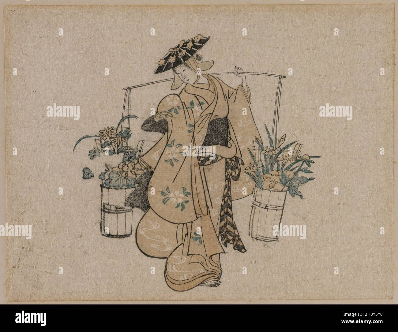 A Beauty Carrying Two Buckets of Flowers, c. 1696-1716. Style of Torii ...