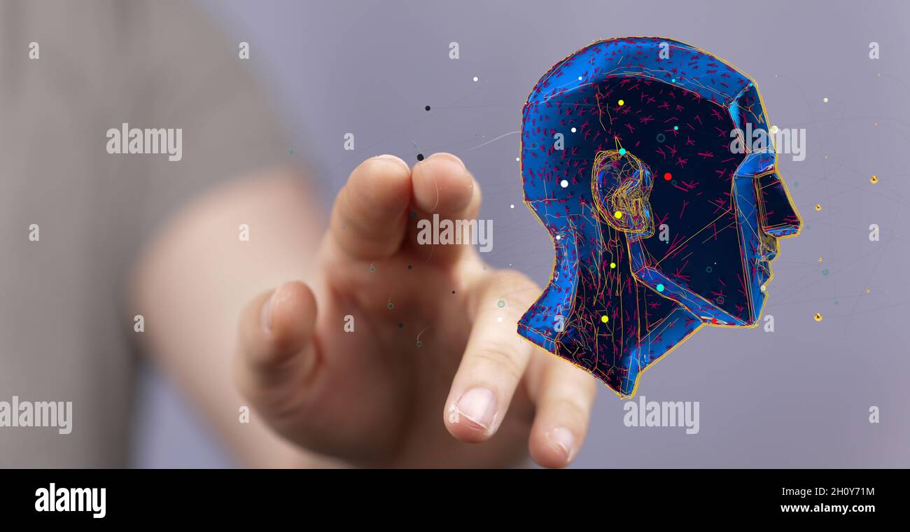 3D rendering of digital head with hand touching it from behind-brain ...