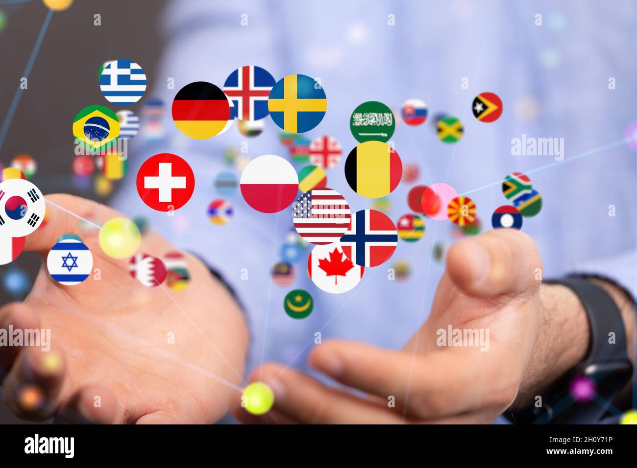 3D rendering of national flags of the world floating on hands-Global ...