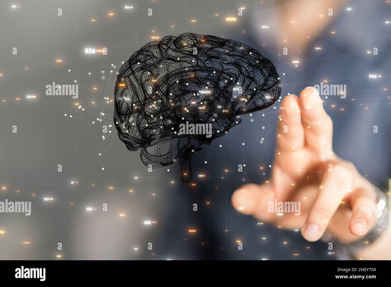 3D rendering of digital brain with hand touching it from behind-brain ...
