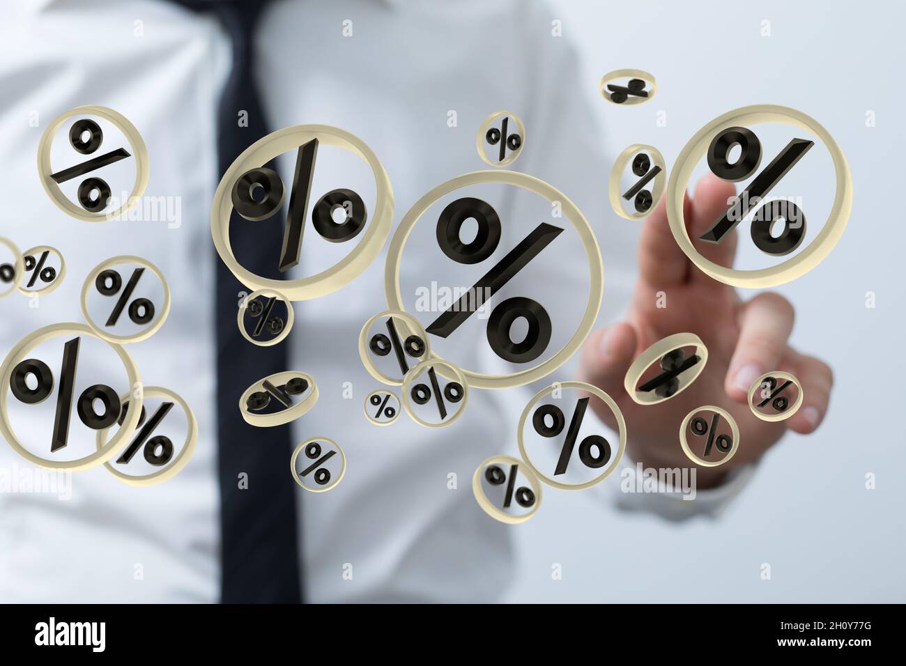 3D rendering of floating percentage icons with hand touching it from ...