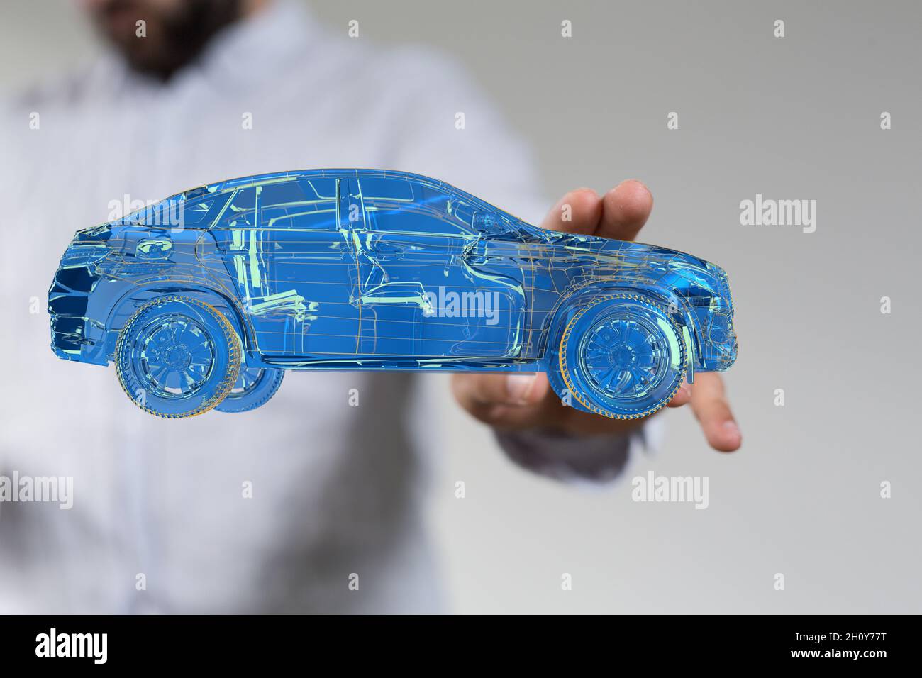 3d rendering of floating Electro car with male touching it from behind ...