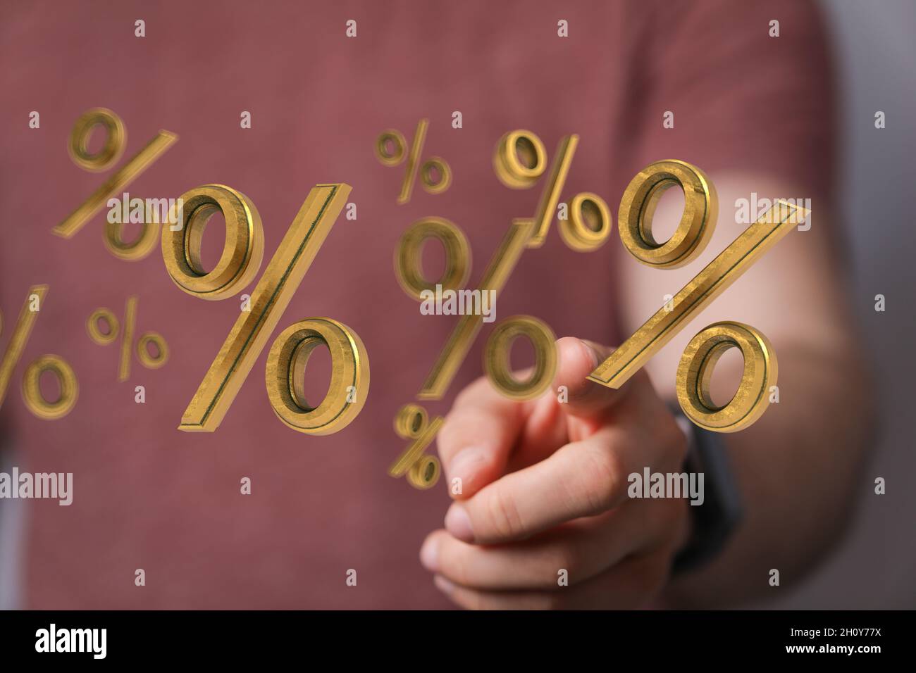 3D rendering of floating percentage icons with hand touching it from ...
