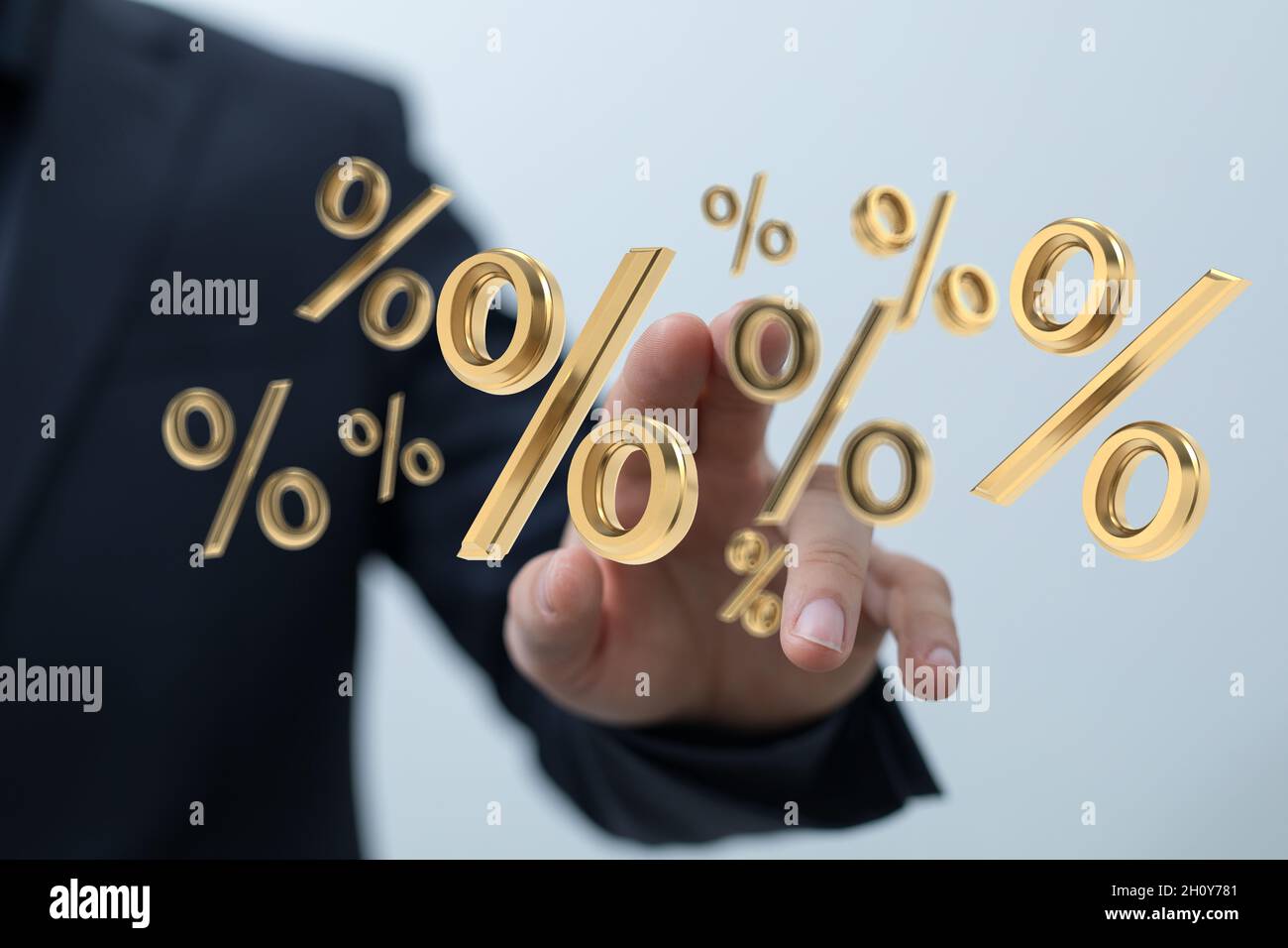 3D rendering of floating percentage icons with hand touching it from ...