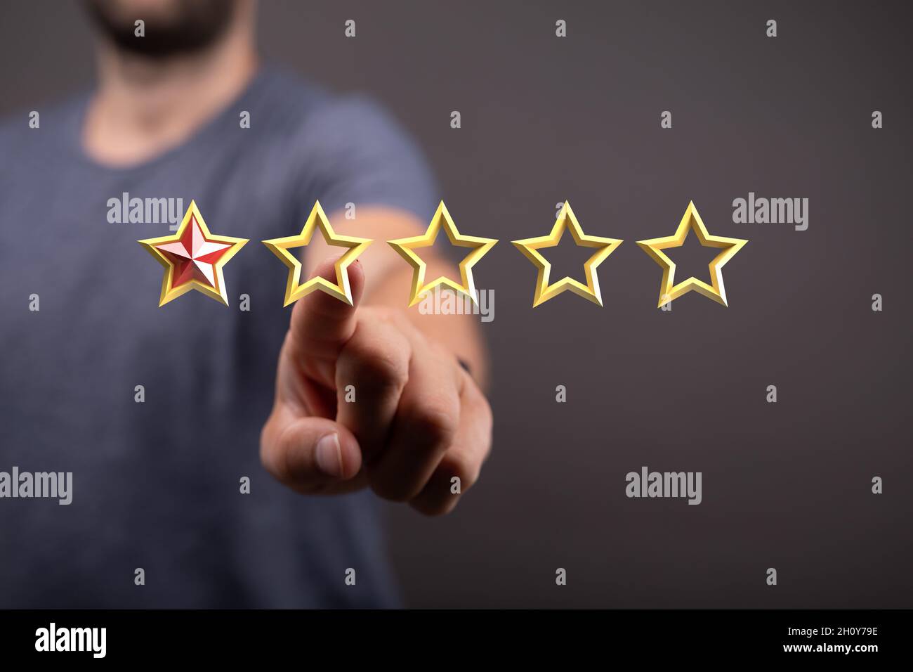 3D rendering of floating one out of five stars rating with hand ...