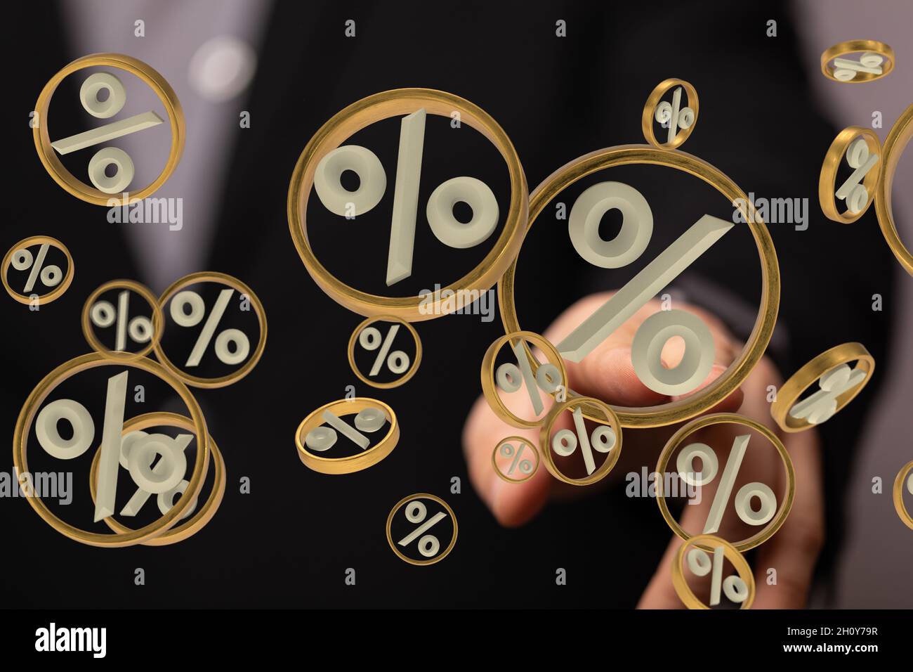 3D rendering of floating percentage icons with hand touching it from ...