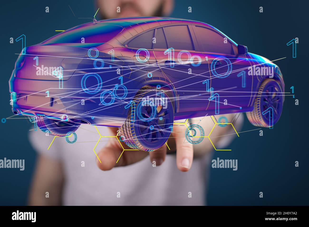 3d rendering of floating Electro car with male touching it from behind ...