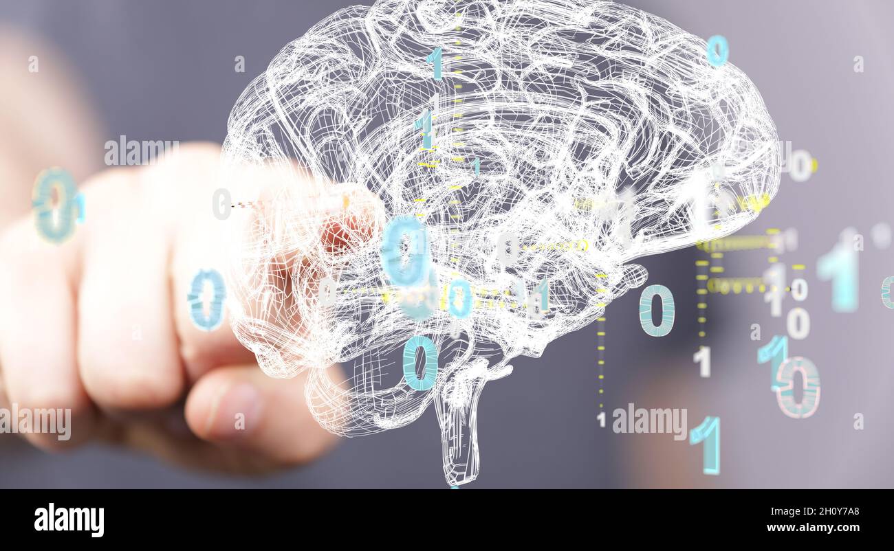 3D rendering of digital brain with hand touching it from behind-brain ...